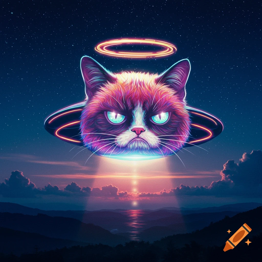 A vibrant, neon-colored grumpy cat's head as a UFO with a halo, flying ...