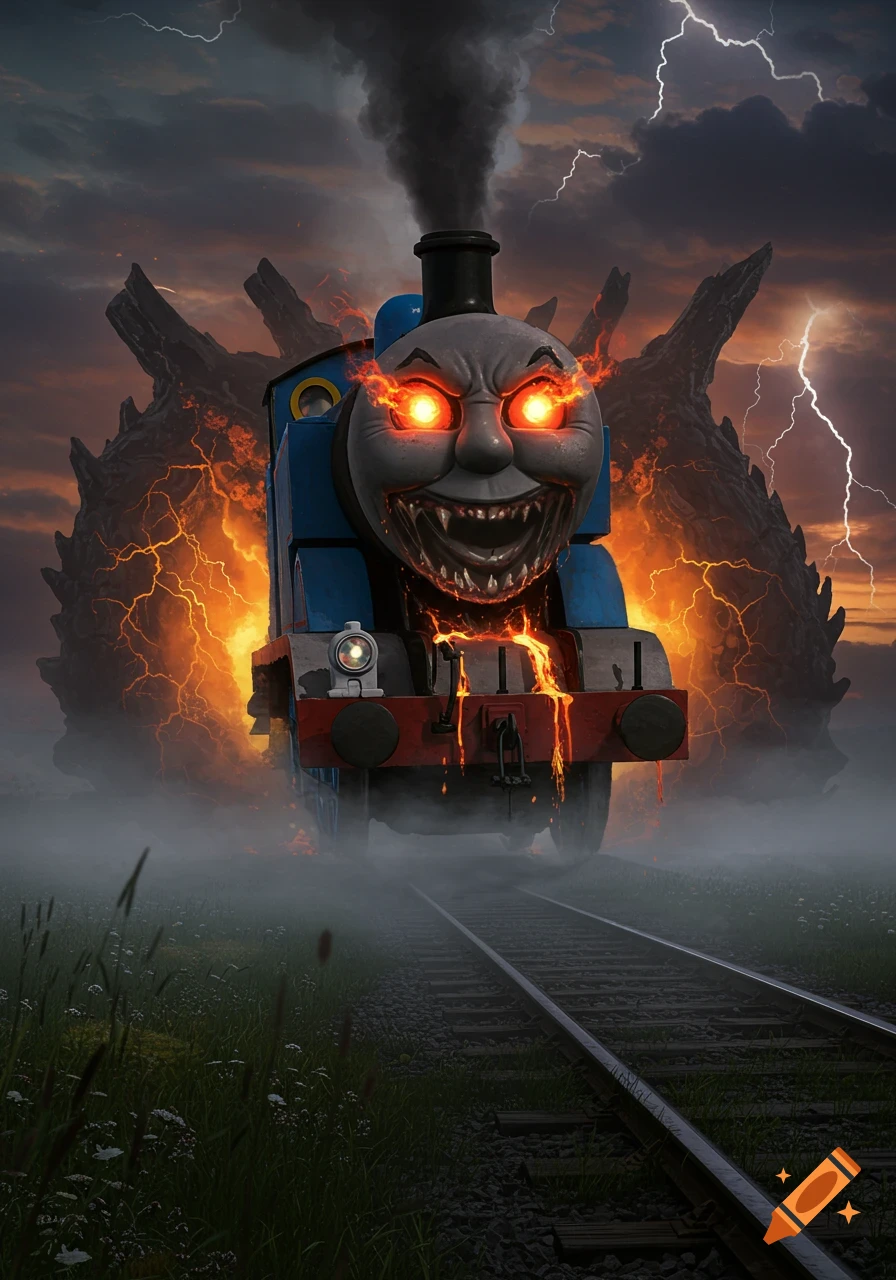 A monstrous Thomas the Tank Engine with glowing red eyes, sharp teeth ...