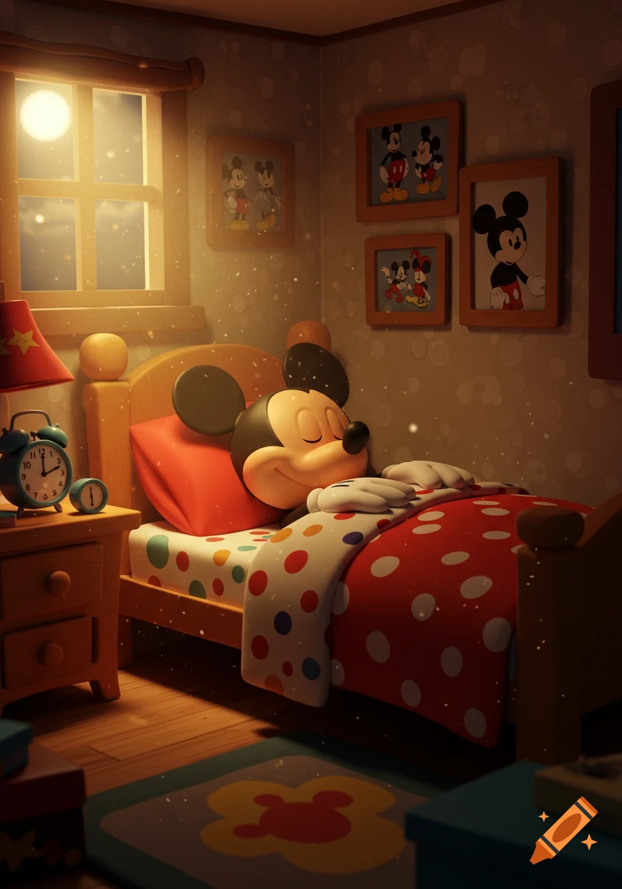 Mickey Mouse sleeping soundly in a cozy Pixar-style bedroom at night ...