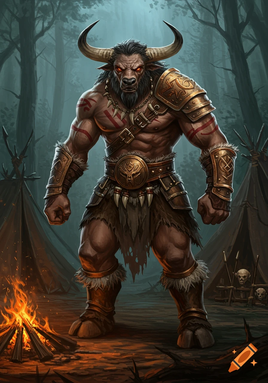 A muscular minotaur barbarian chieftain with glowing red eyes and gold ...