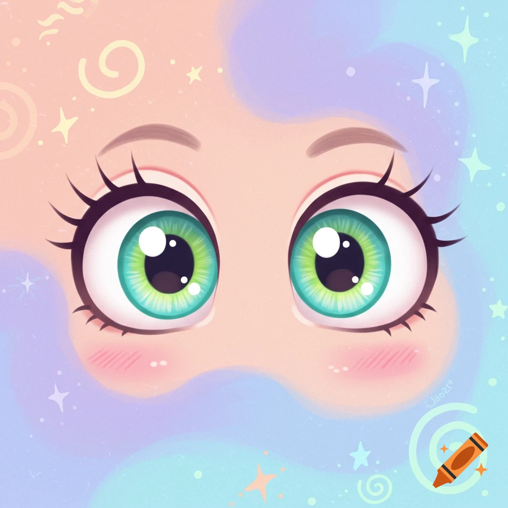 Close-up of a pair of large, vibrant green cartoon eyes with long ...