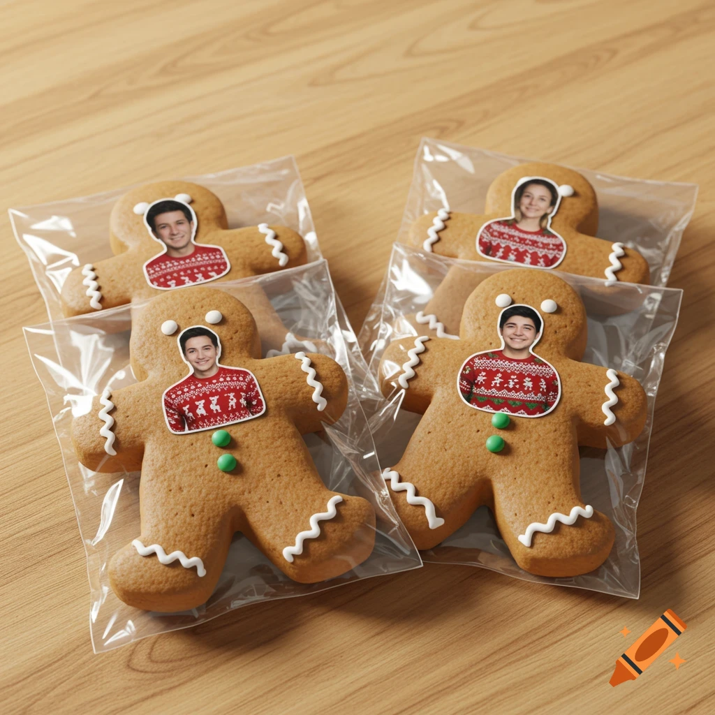 Four individually wrapped gingerbread man cookies with personalized ...
