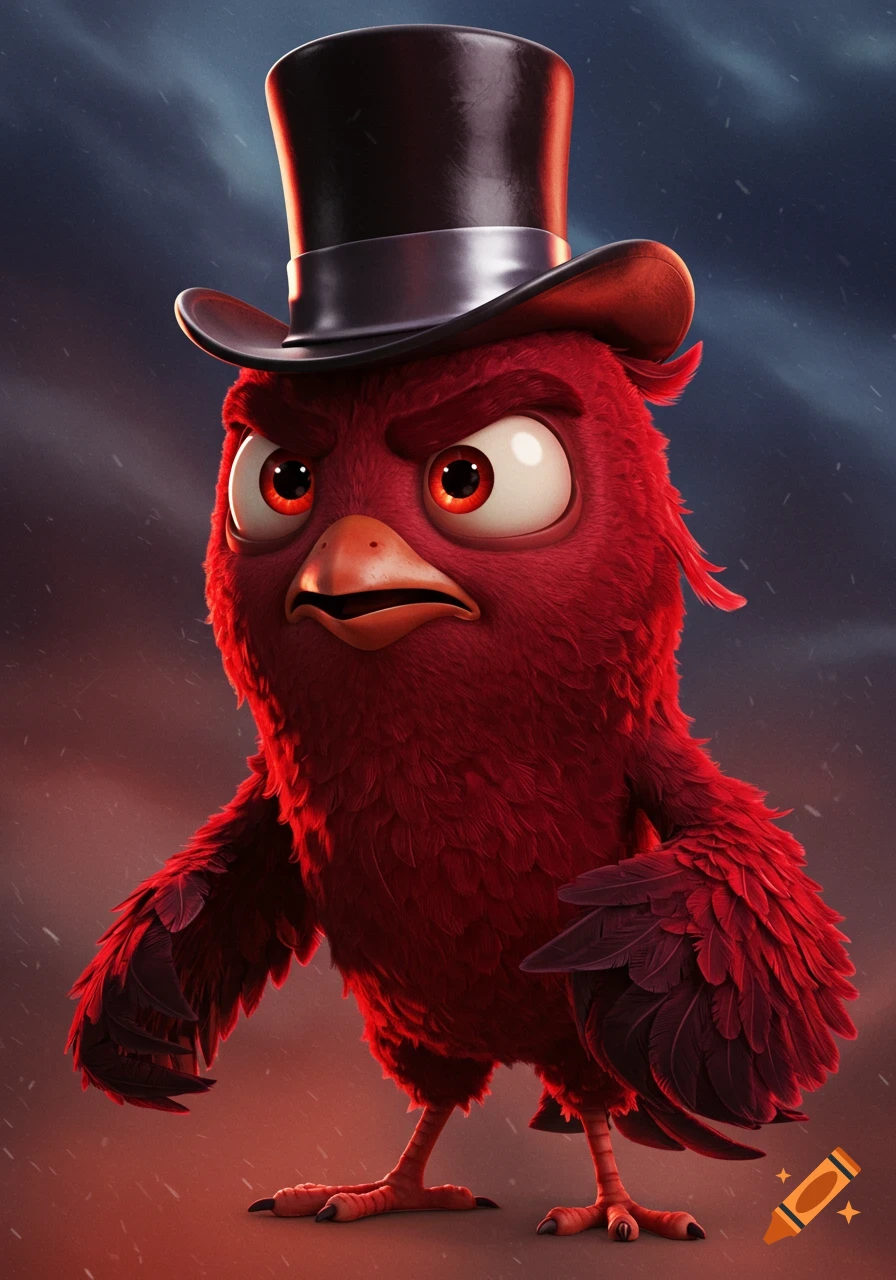 An angry red cartoon bird character with fluffy feathers and large eyes ...