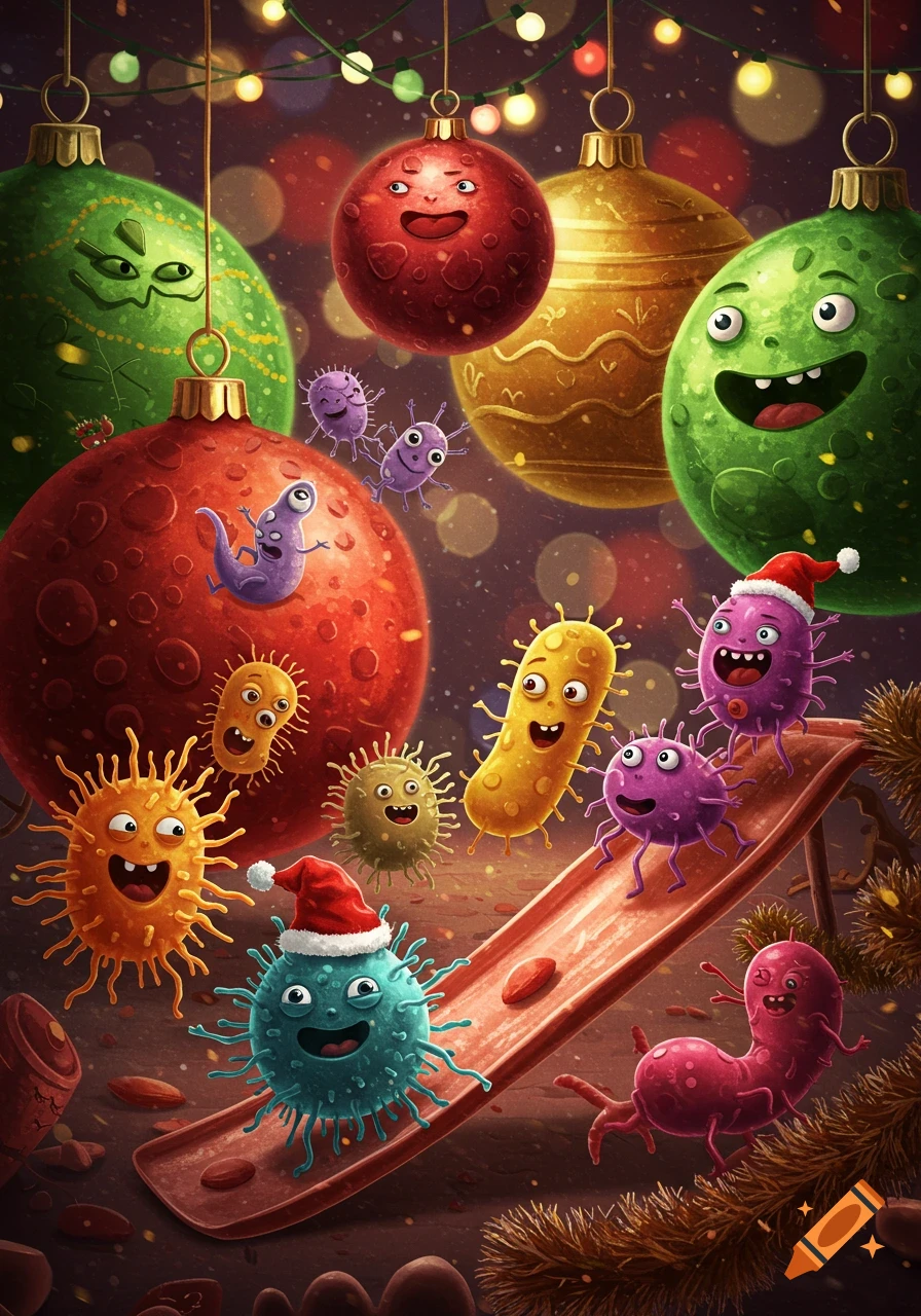 Cartoon viruses and bacteria in Santa hats play on a slide among ...