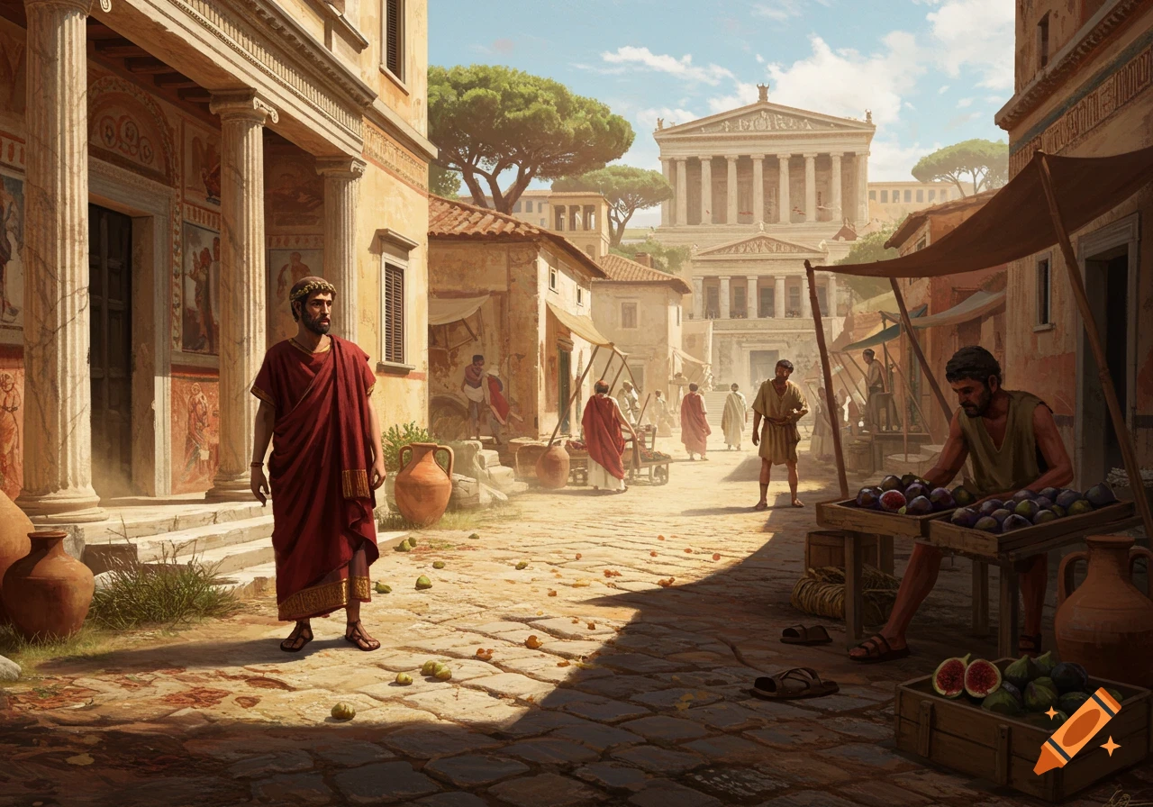 A bustling ancient Roman street scene with people, market stalls, and ...