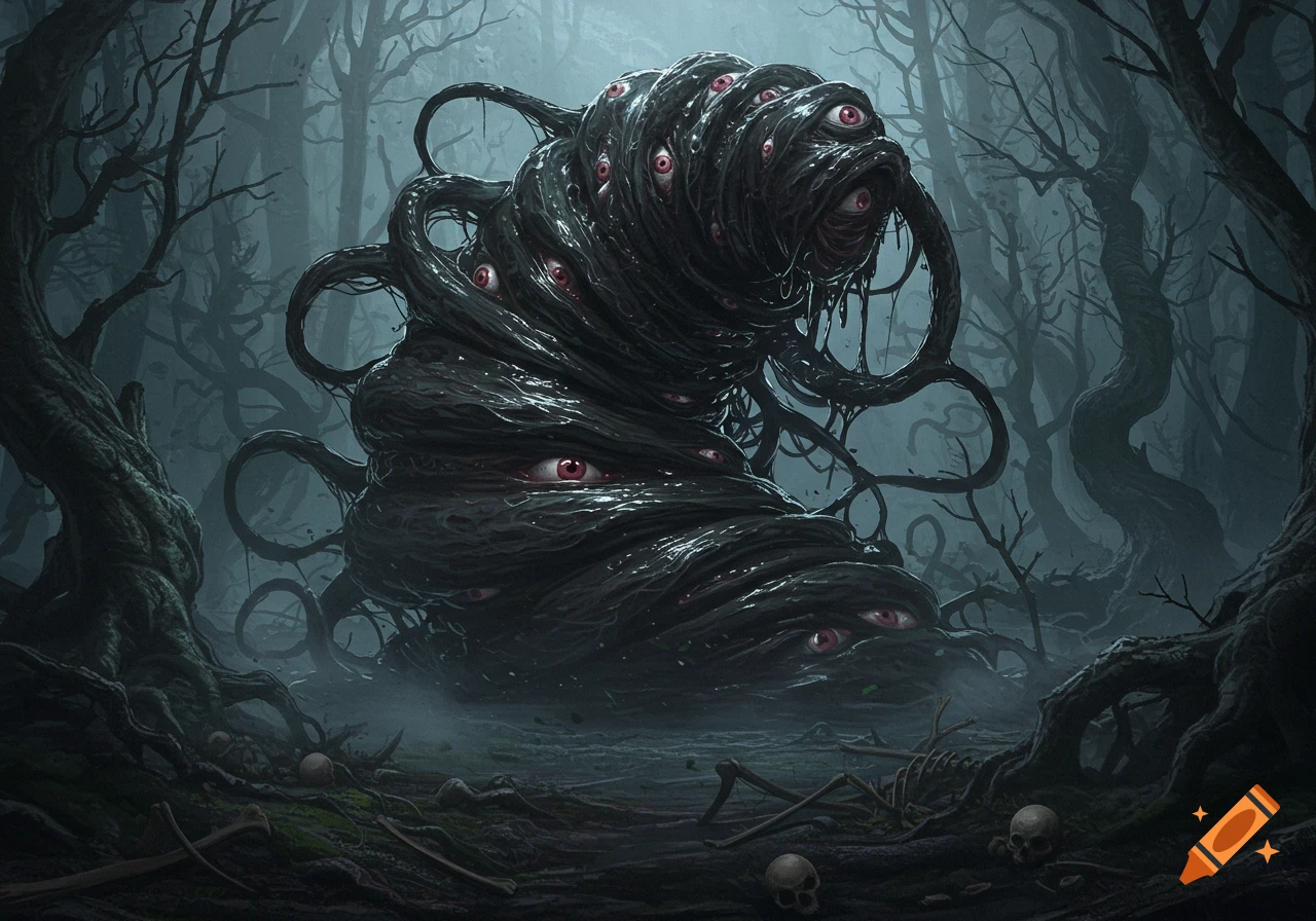 A monstrous, dark, sludge-like creature with many red eyes in a gloomy ...