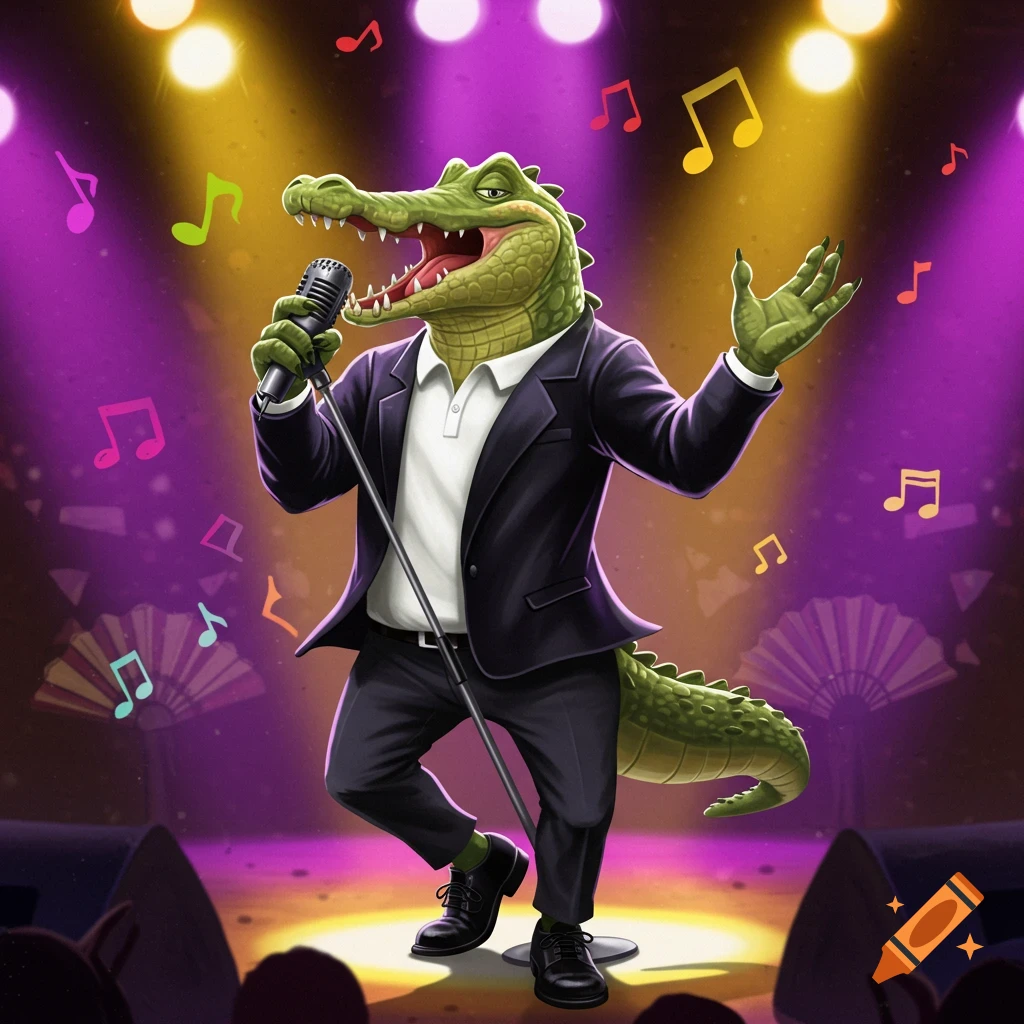 A cartoon anthropomorphic alligator in a suit sings into a microphone ...
