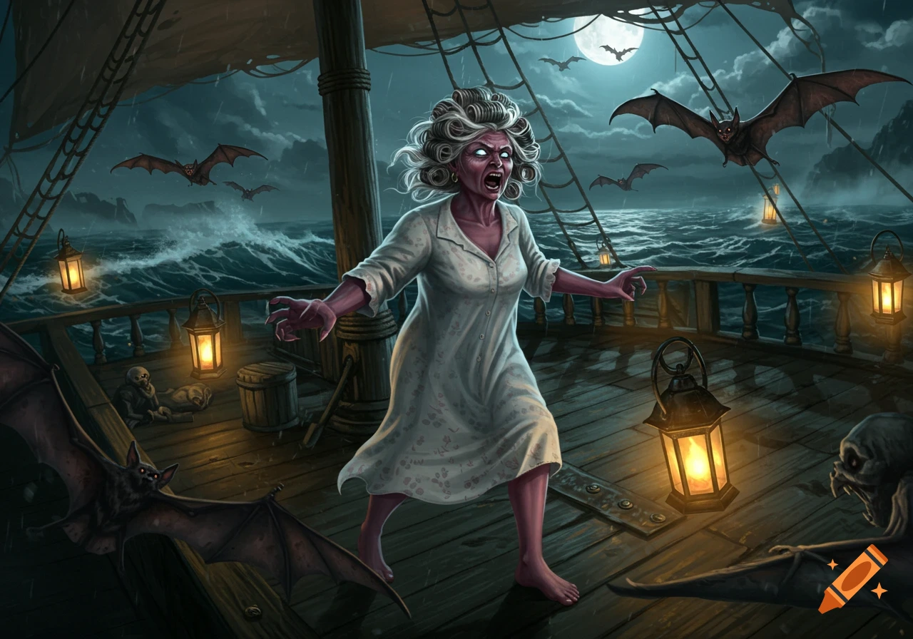 An old, pale woman with glowing eyes screams on a stormy ship deck ...