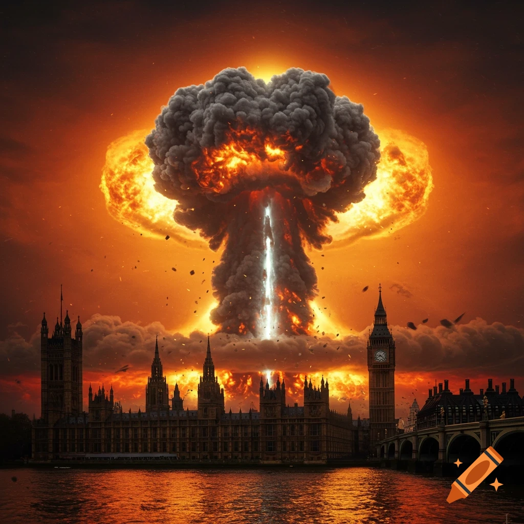 A dramatic mushroom cloud explosion erupts over the Houses of ...