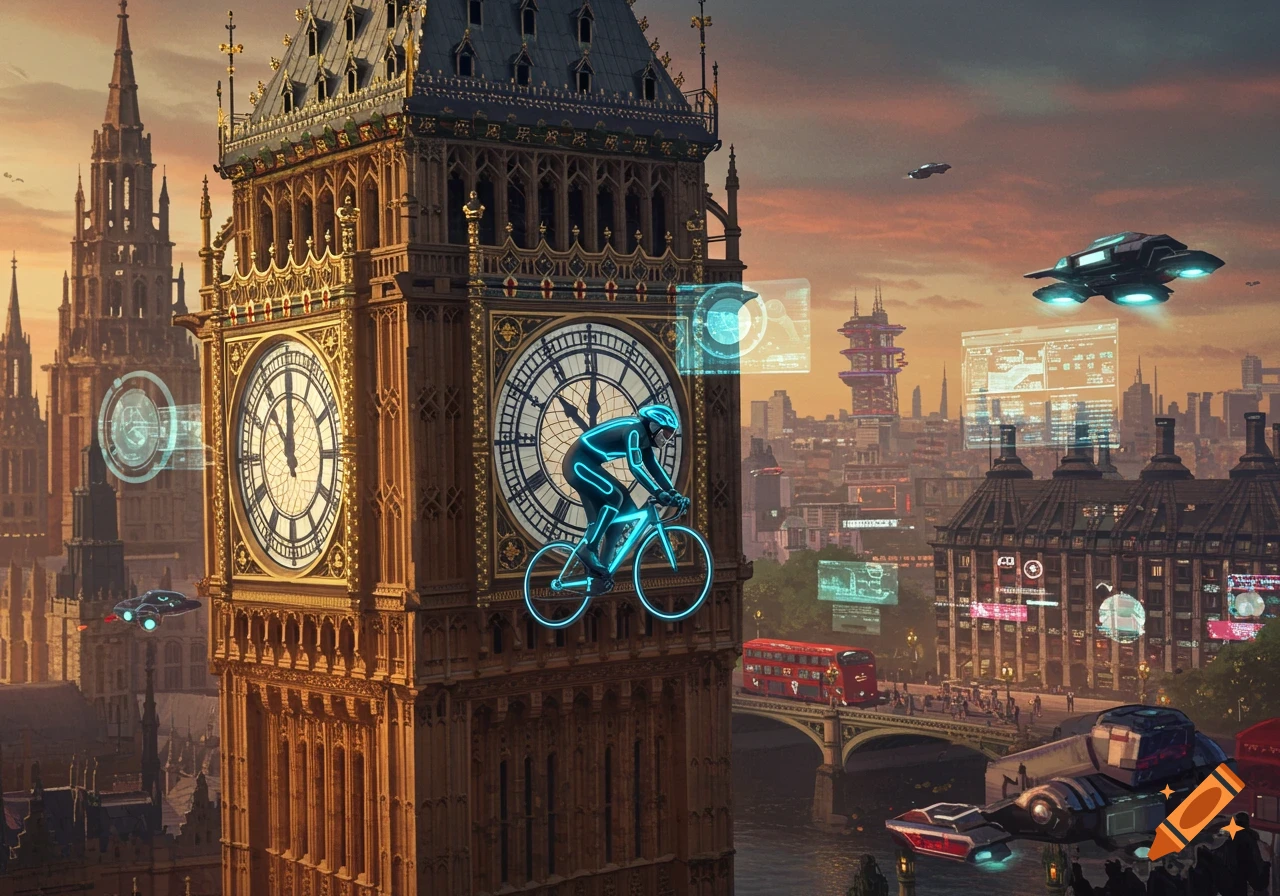 A futuristic cityscape of London with Big Ben. A neon-lit cyclist rides ...