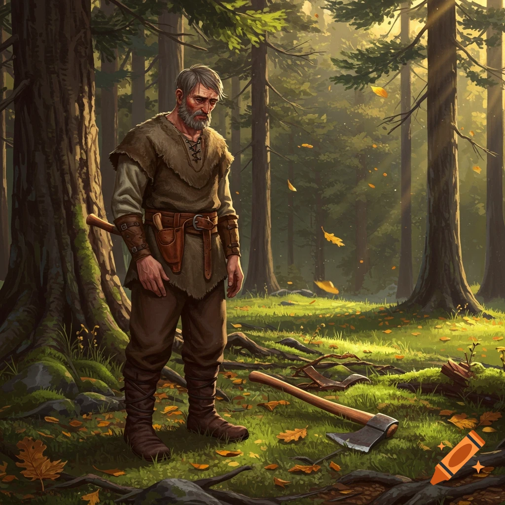 A disappointed, bearded woodman in medieval attire stands in a sunlit ...