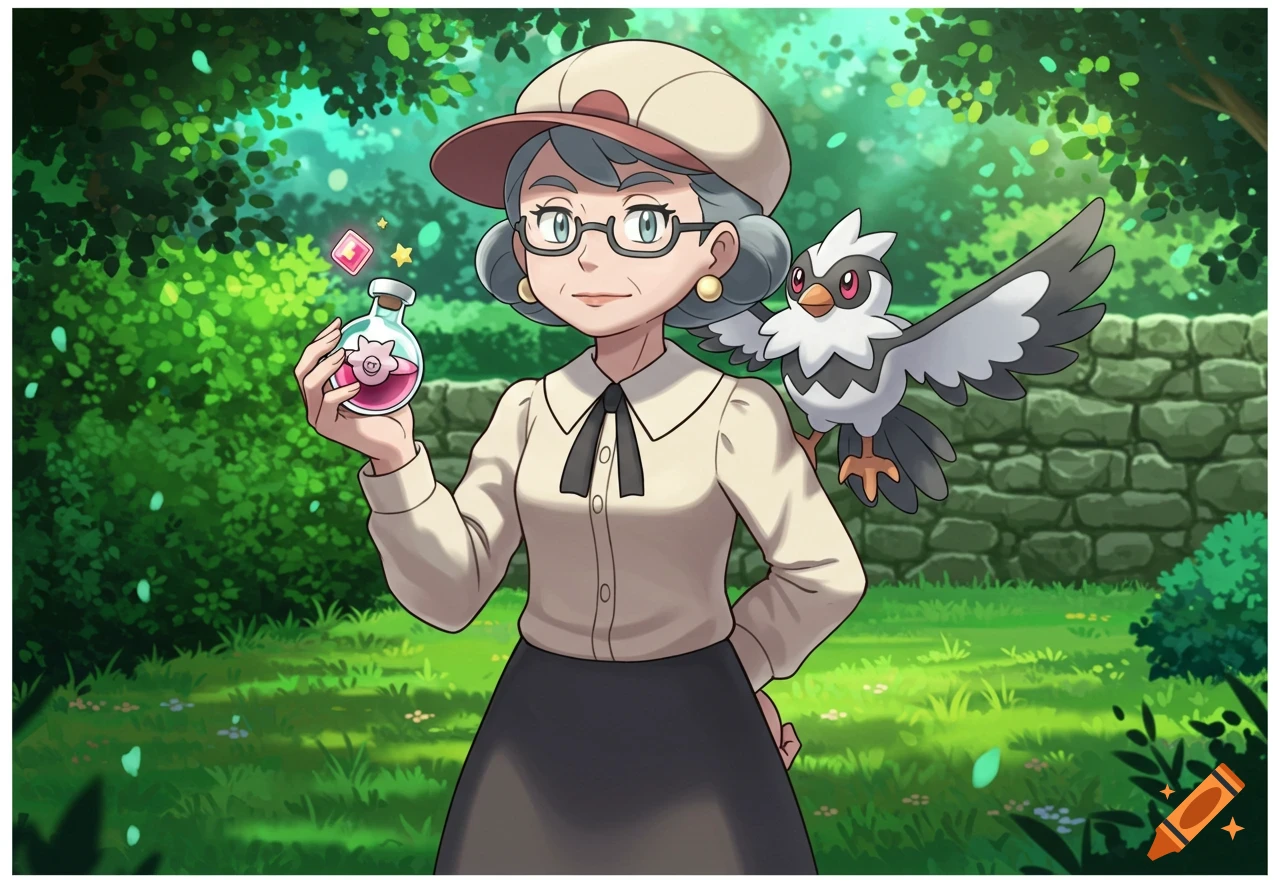 A mild-mannered, middle-aged woman in Pokémon anime style holds a pink ...