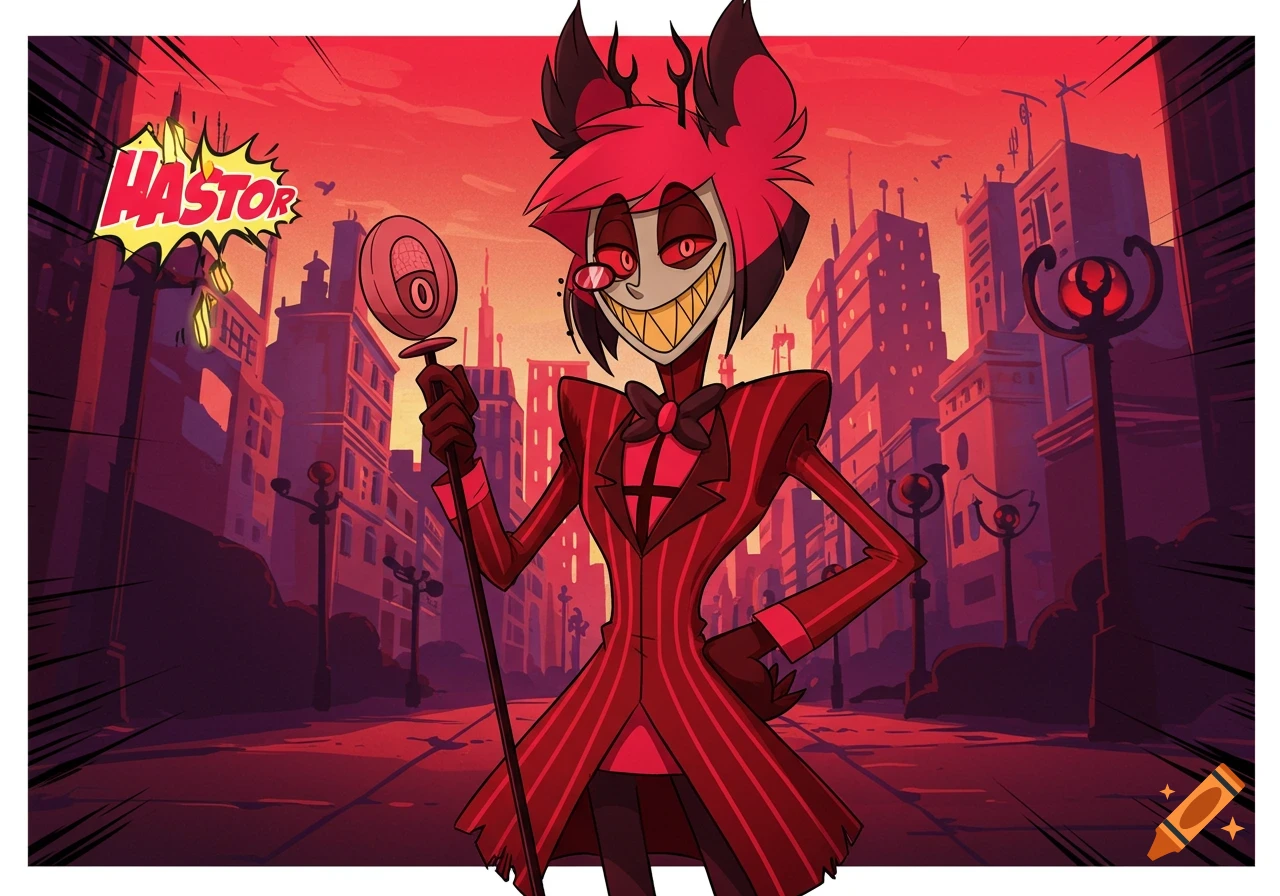 Cartoon character Alastor from Hazbin Hotel, with red hair, sharp teeth ...