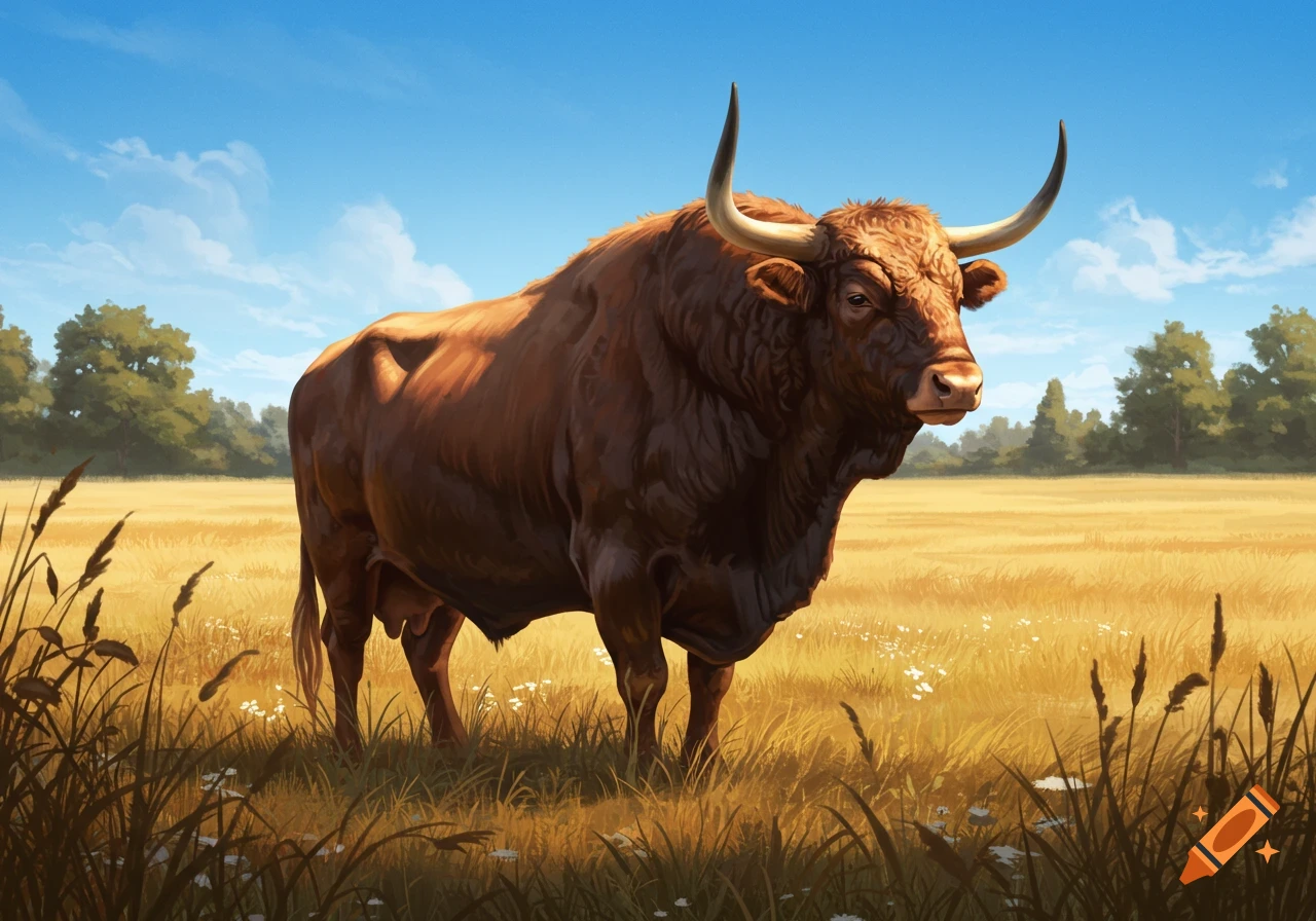 A large brown ox with horns stands in a golden grassy field under a ...
