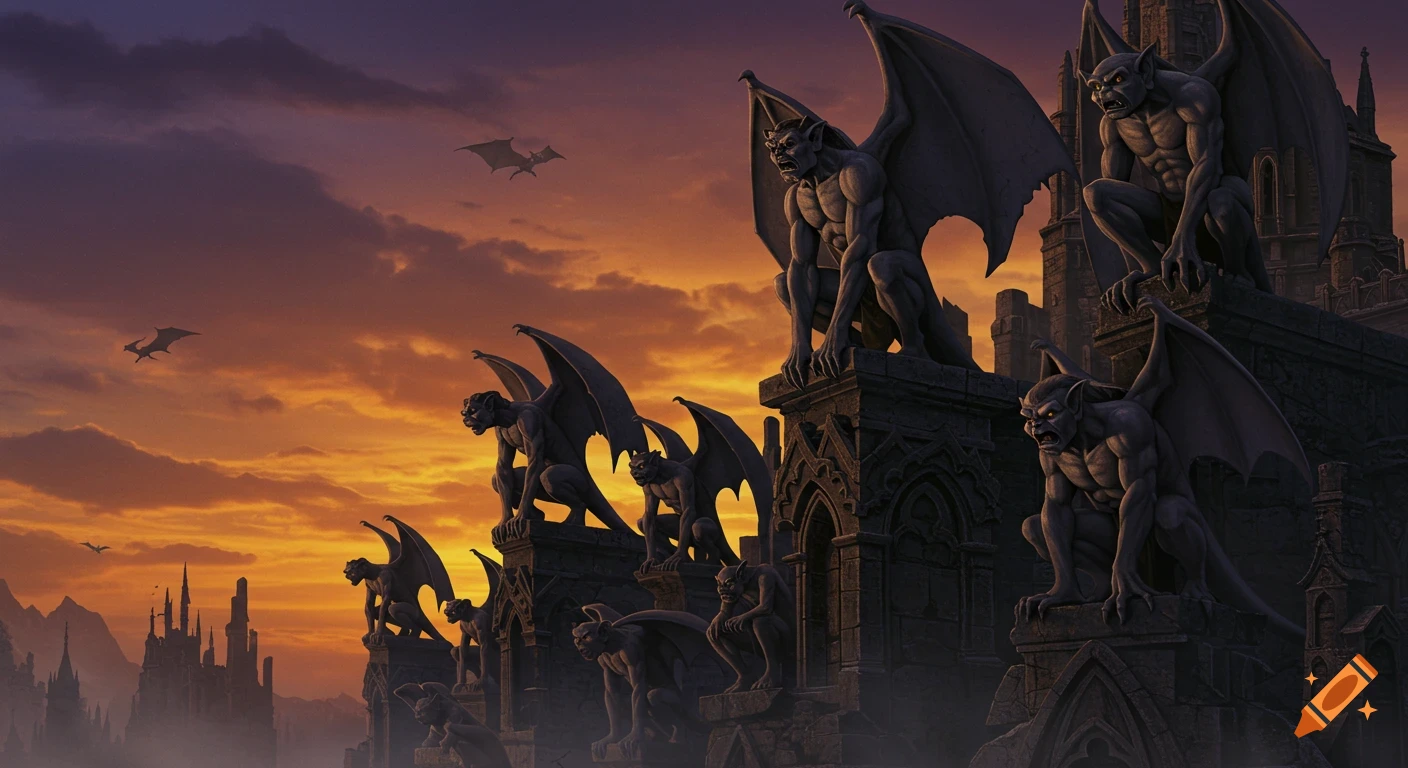 Photorealistic image of many gargoyles perched on an ancient gothic ...