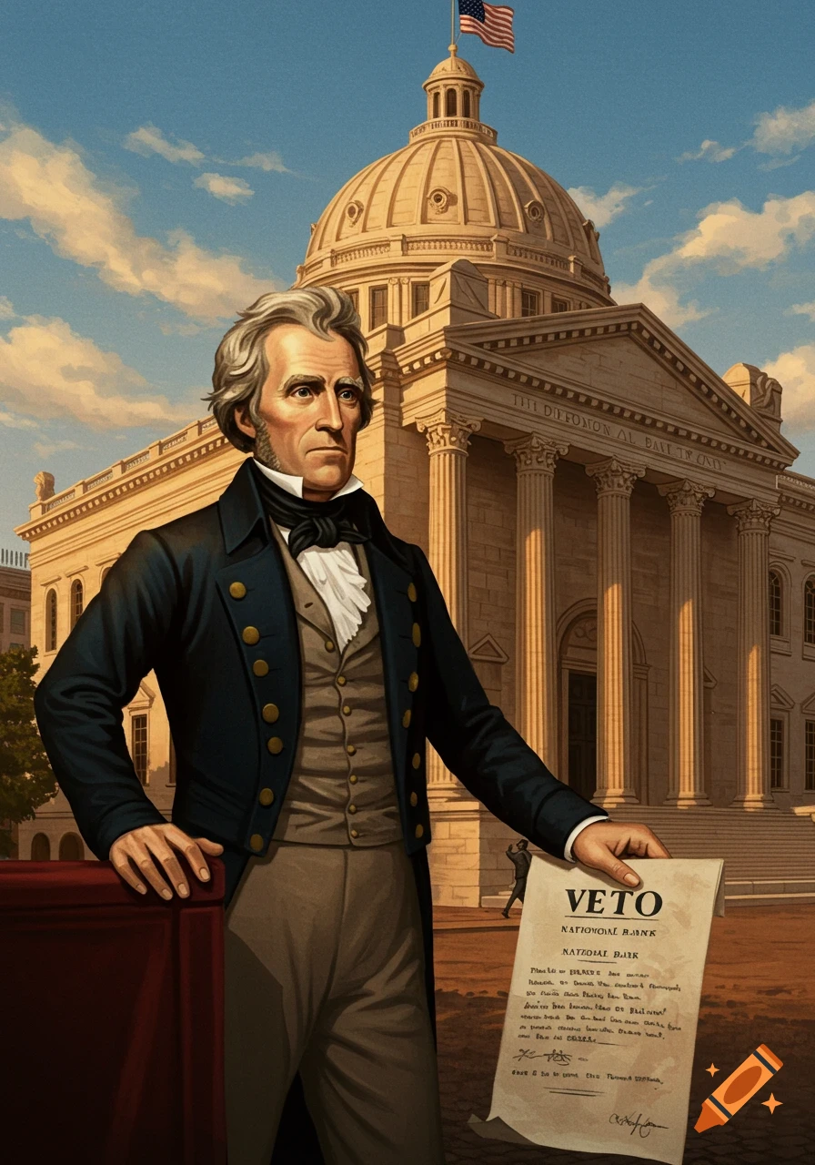 Andrew Jackson in a dark coat and light vest, holding a "VETO" document ...