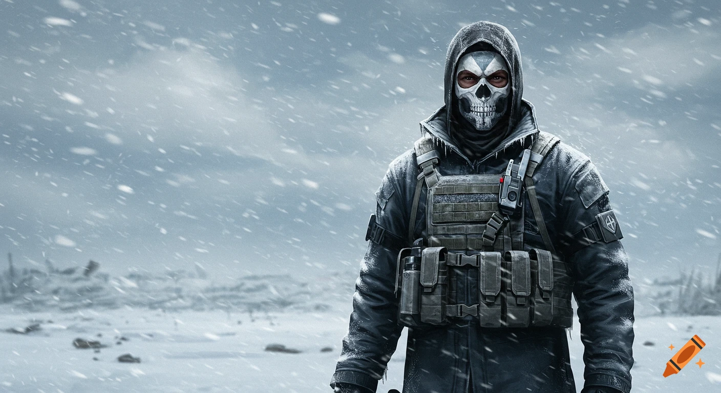 Photorealistic image of Simon Ghost Riley in a skull mask and tactical ...