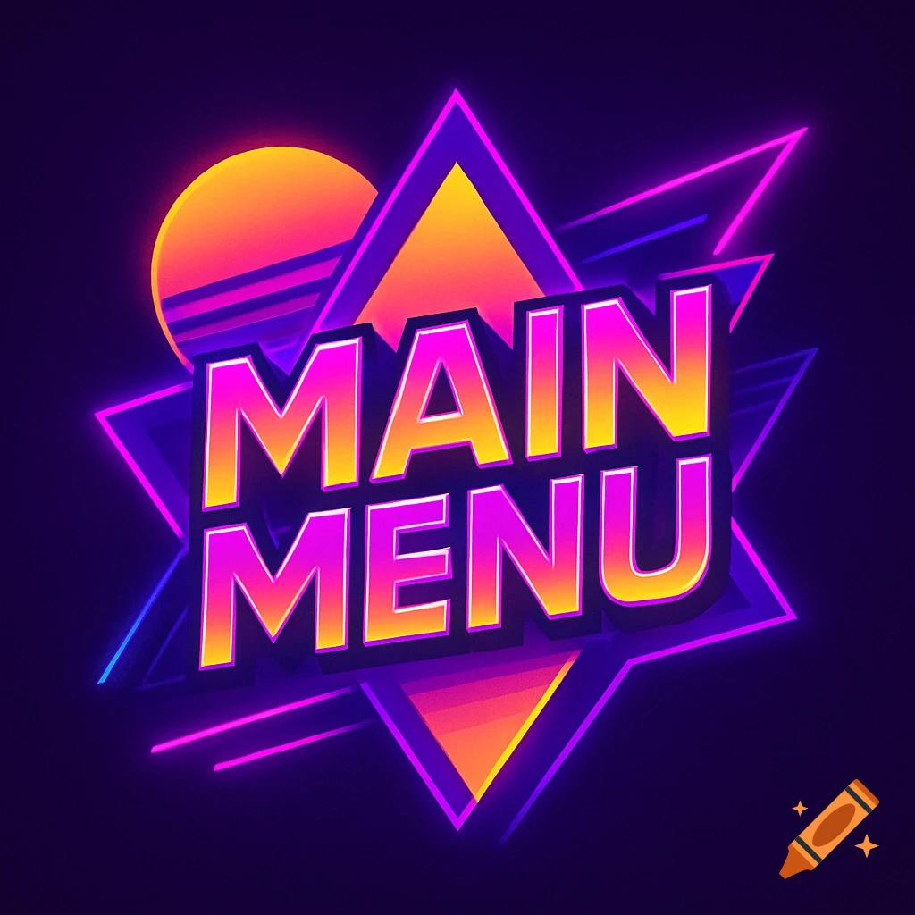 A vibrant 80s retro-style 'MAIN MENU' logo with neon pink and yellow ...