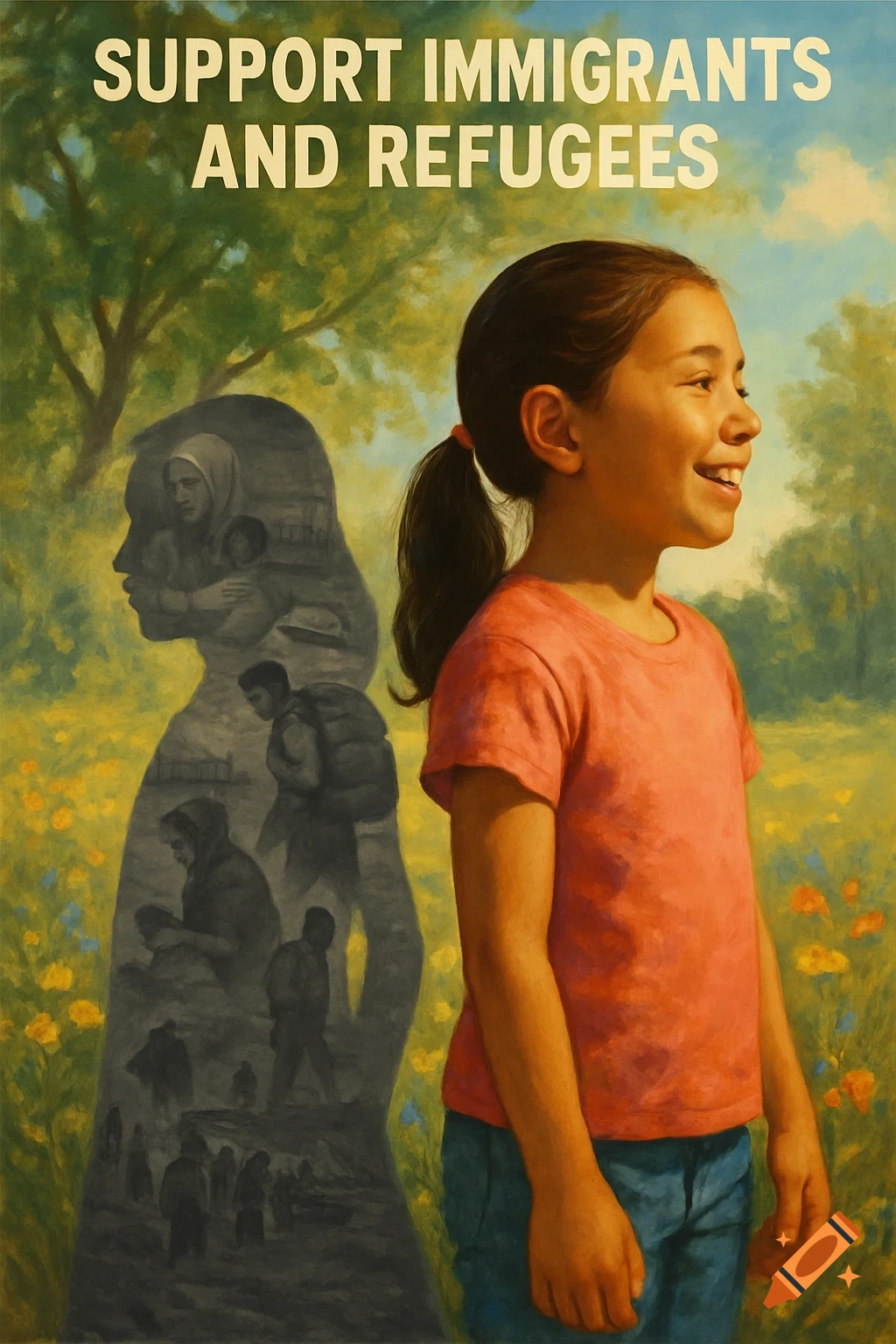 A painting of a smiling girl in a field with a shadow silhouette ...
