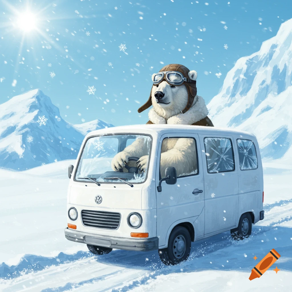 A cartoon polar bear wearing a pilot's cap and goggles drives a white ...