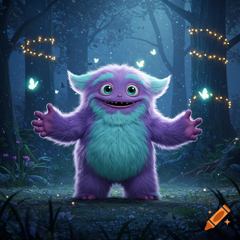 A fluffy purple and teal monster with big green eyes and a wide smile ...