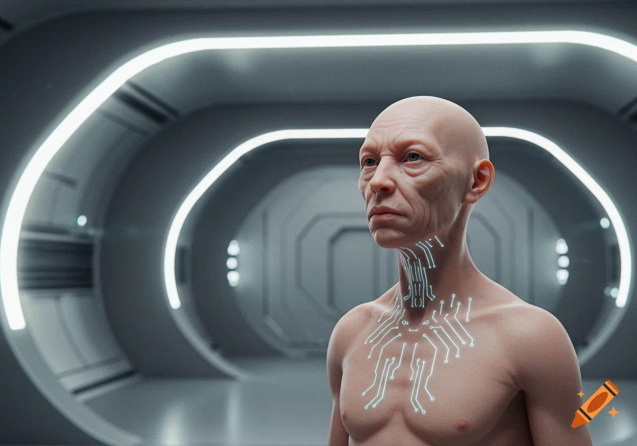 A bald man with glowing circuit patterns on his chest and neck in a ...