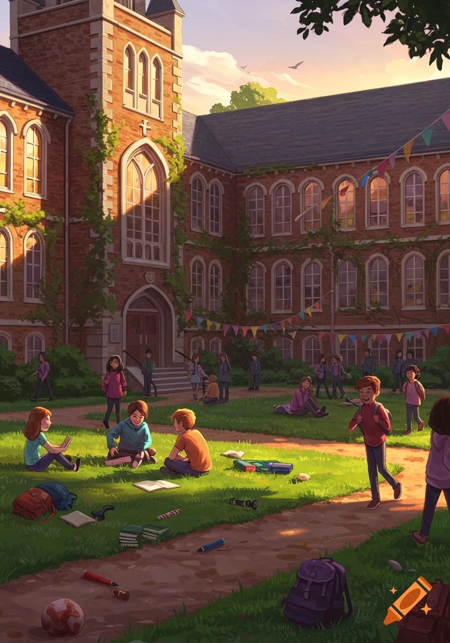 Illustrated scene of children on a sunny school campus with a large ...