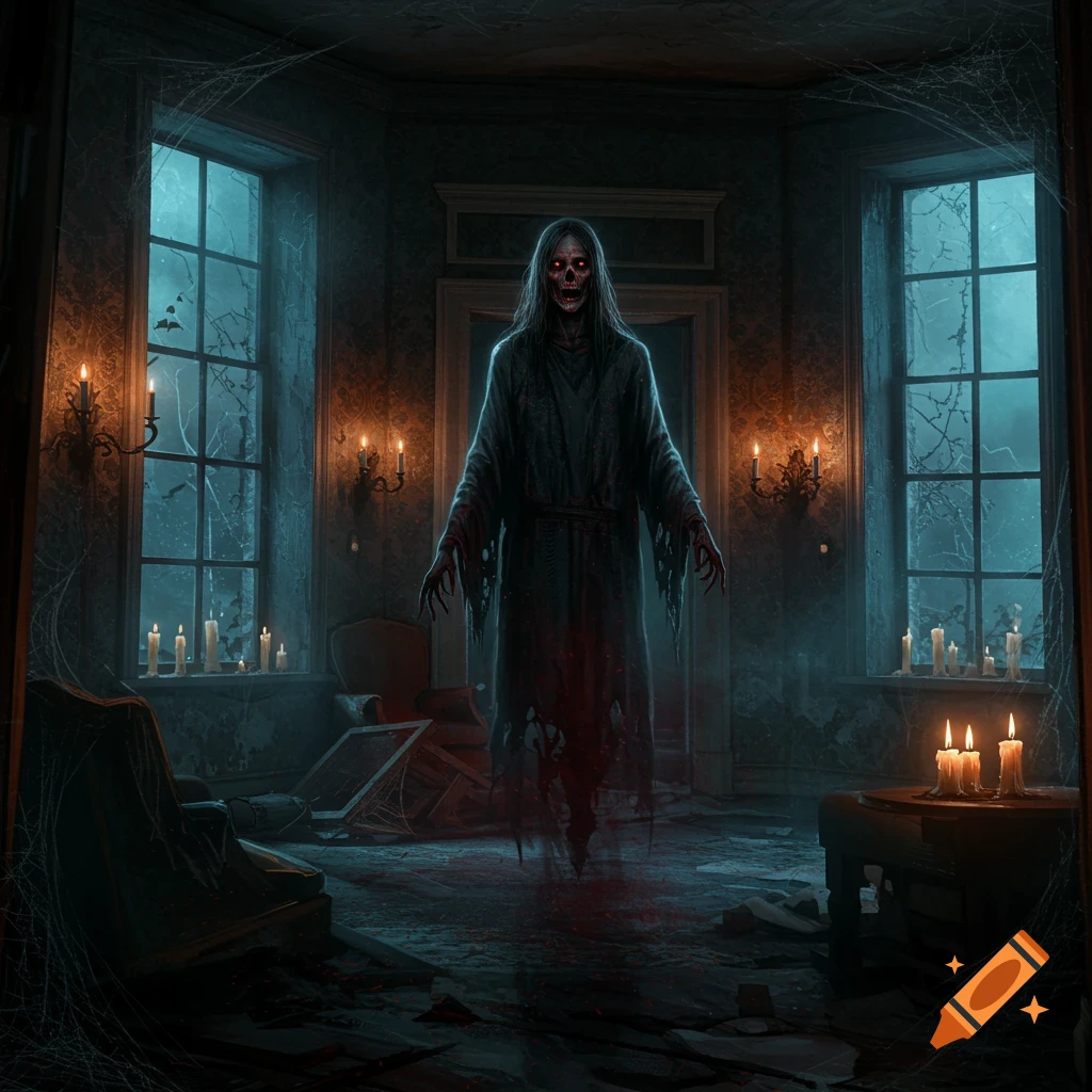 Skeletal ghost with red eyes and clawed hands floats in a dark ...