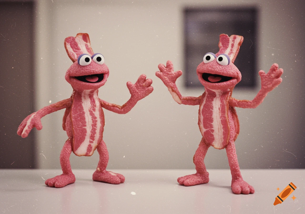 Two pink, muppet-like characters made of bacon, captured in a grainy ...
