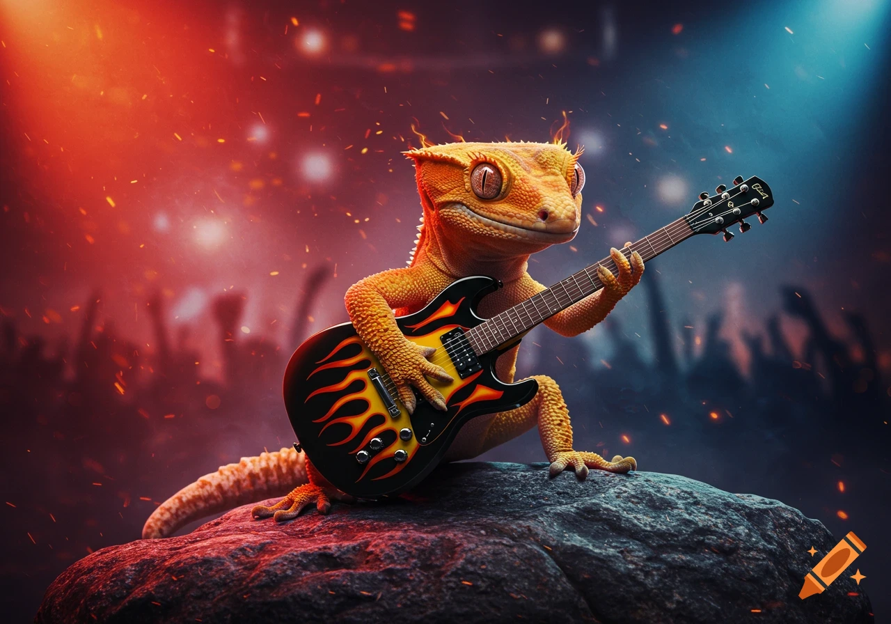 A realistic crested gecko plays a flame-patterned electric guitar on a ...