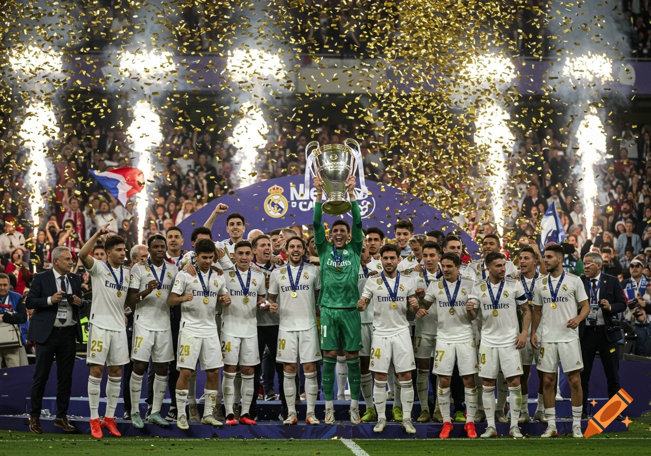 A victorious Real Madrid football team celebrates on a stadium field ...