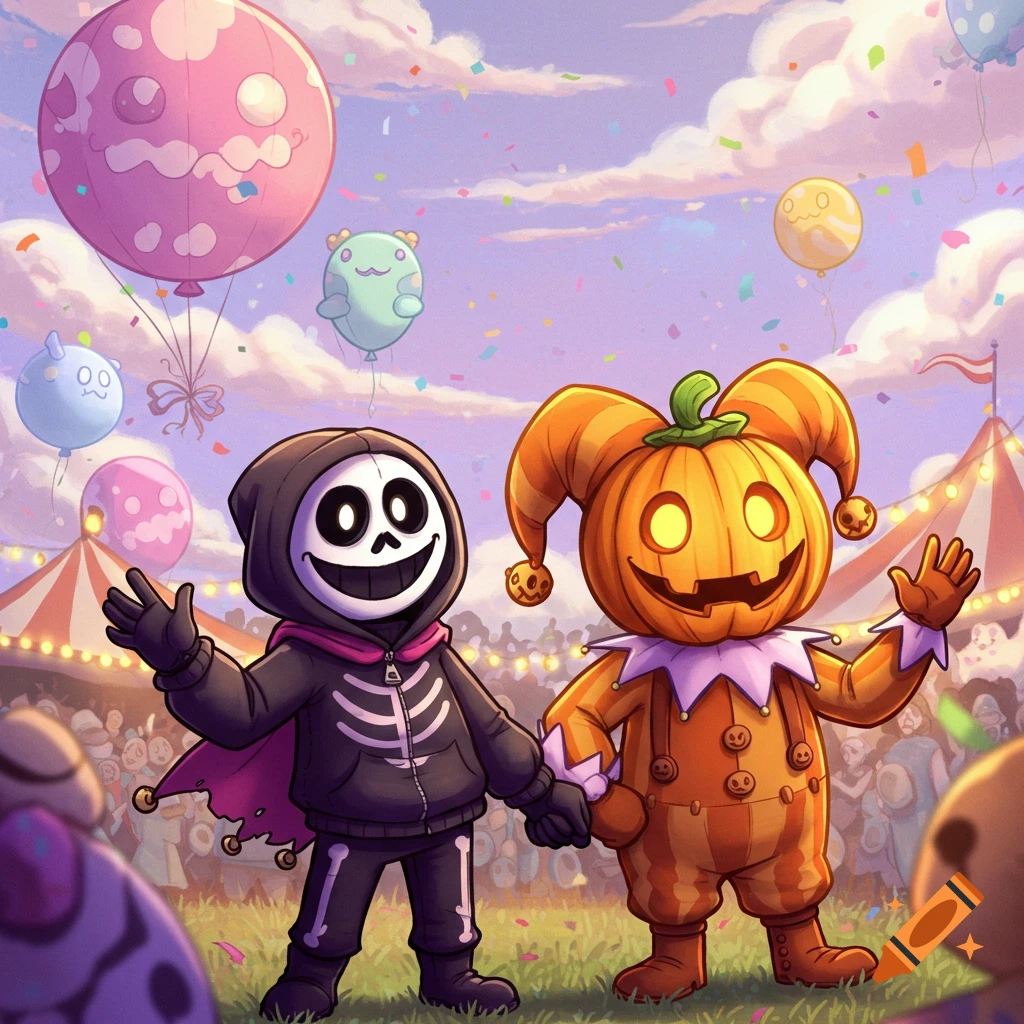 Two cartoon characters, a skeleton in a hoodie and a pumpkin jester ...