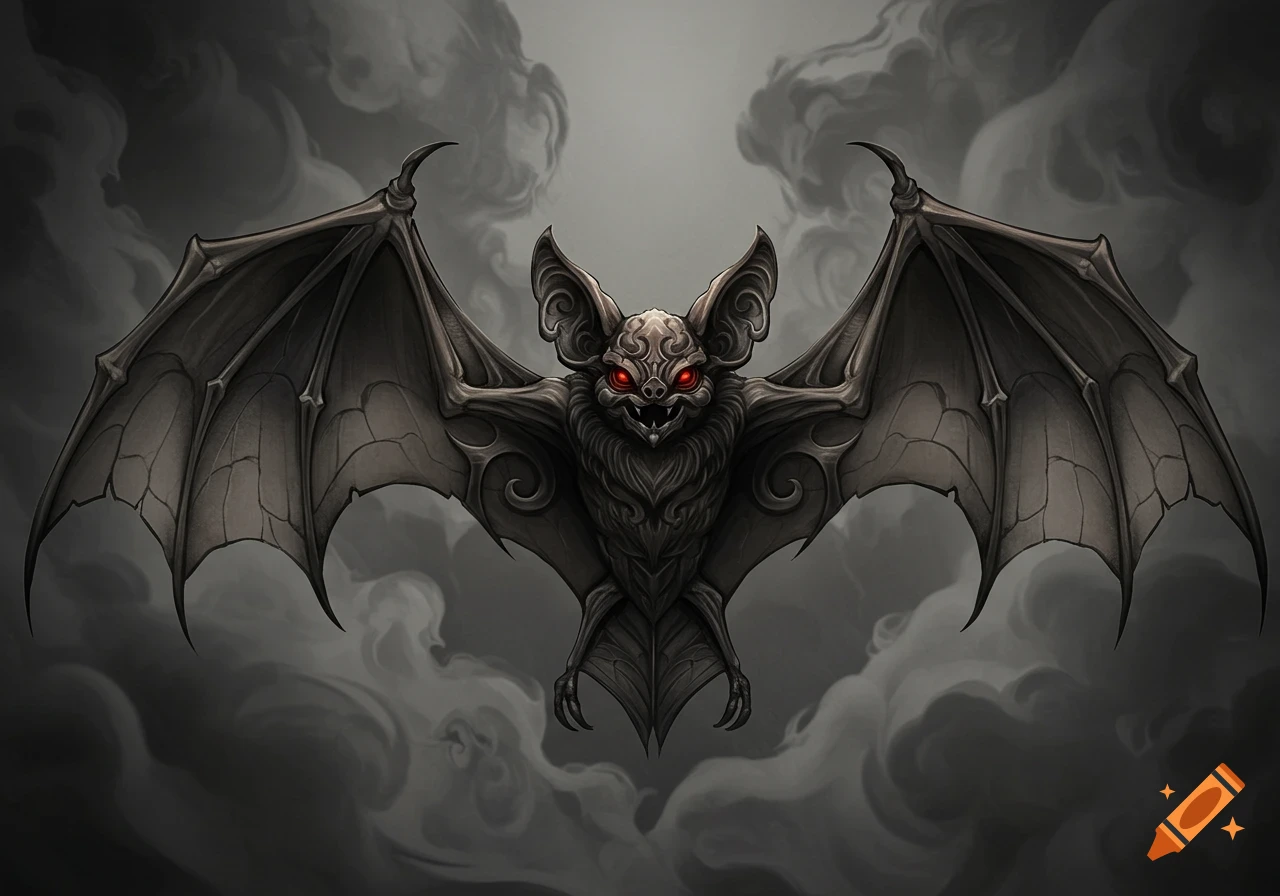 A scary, stylized gothic bat with glowing red eyes and spread wings ...