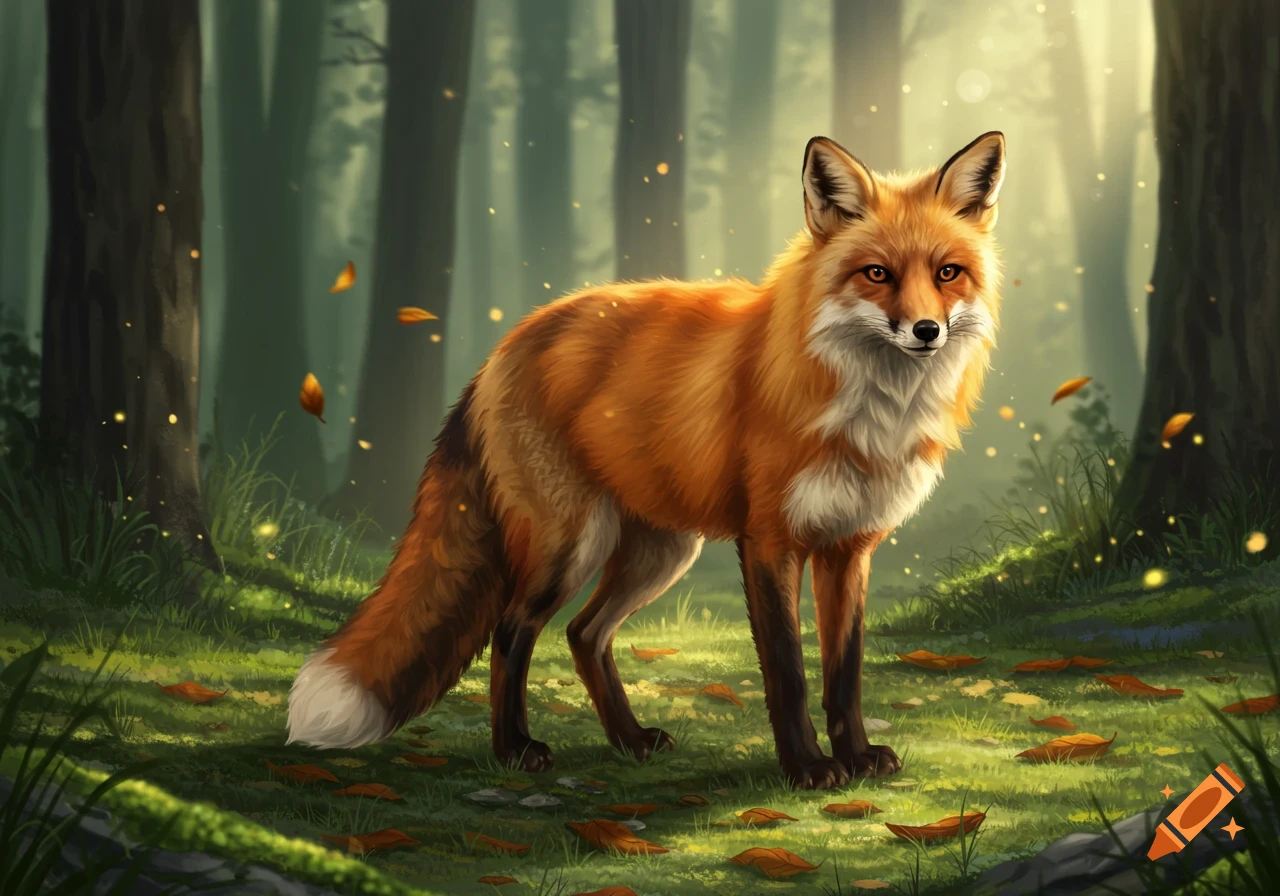 A vibrant red fox with white chest fur stands in a mossy, sunlit forest ...