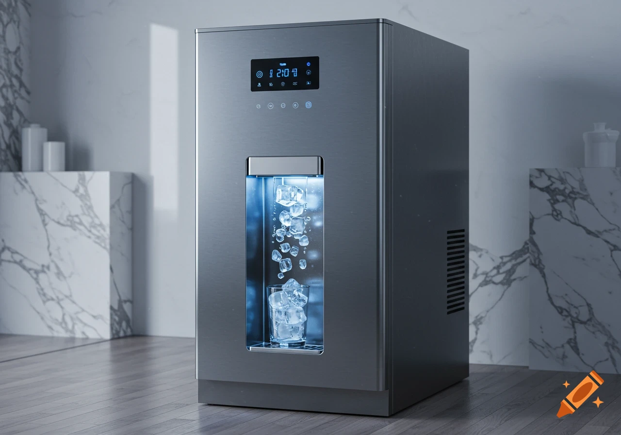 A modern, silver ice machine dispenses ice cubes into a glass, with a ...