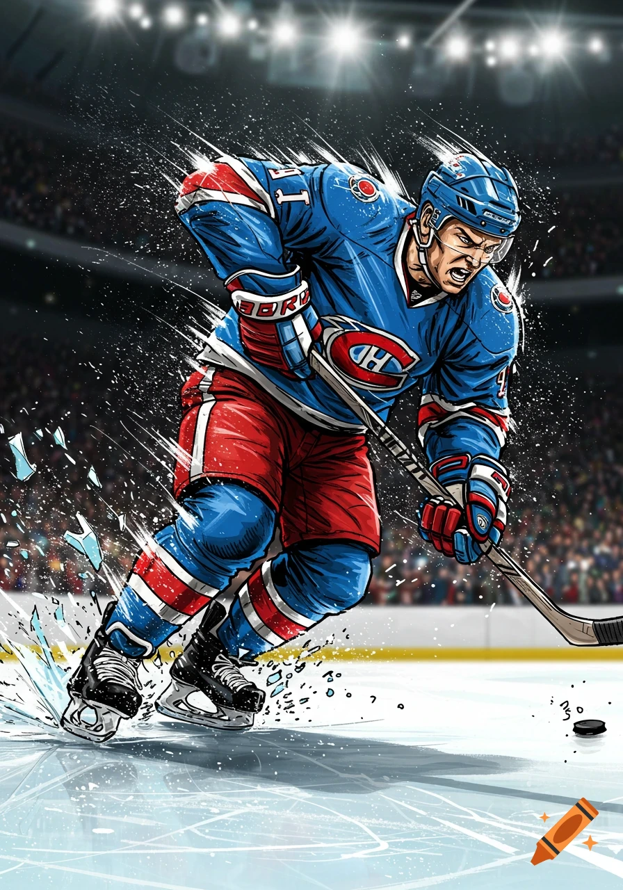 Dynamic comic-style illustration of an ice hockey player in blue and ...