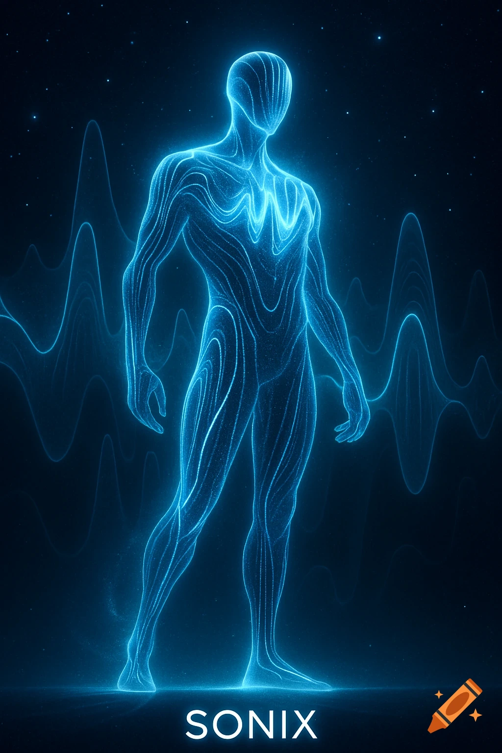 A glowing blue abstract human figure of light and lines, against a dark ...