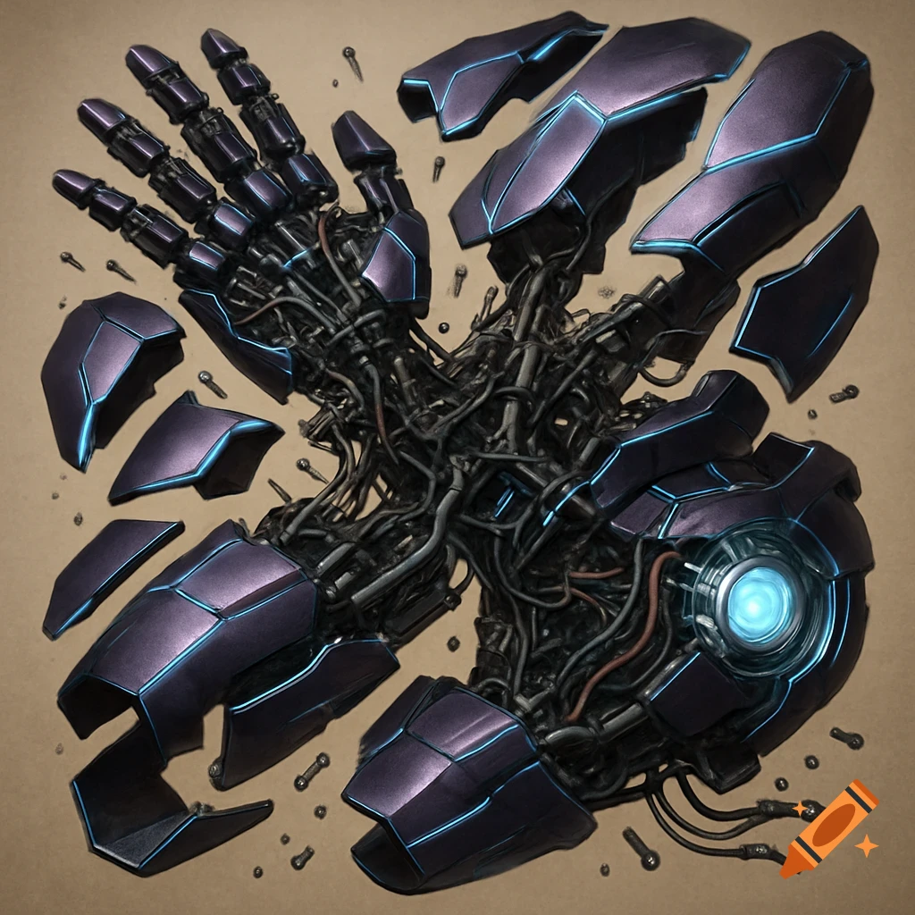 Exploded view of a futuristic mechanical gauntlet with purple armor ...