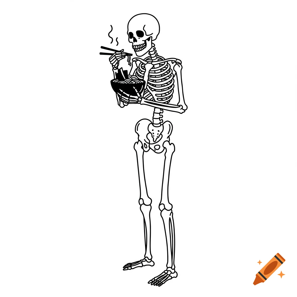 Minimalist line art illustration of a skeleton holding a steaming ramen ...