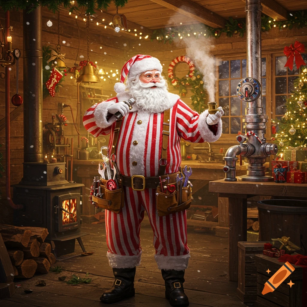 Santa Claus in a red and white striped plumbing suit with tool belts ...