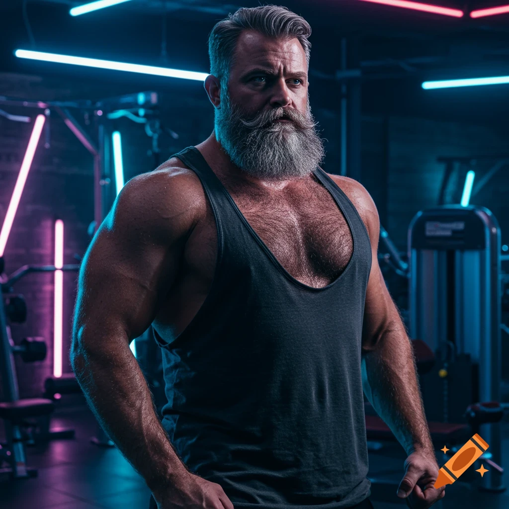 A burly, bearded, muscular man with chest hair in a tank top stands in ...