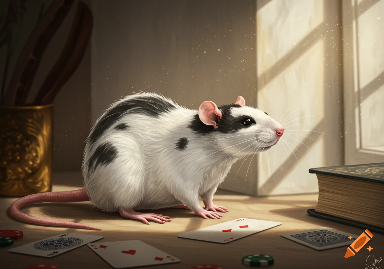 A white and black spotted rat sits on a wooden table, surrounded by ...