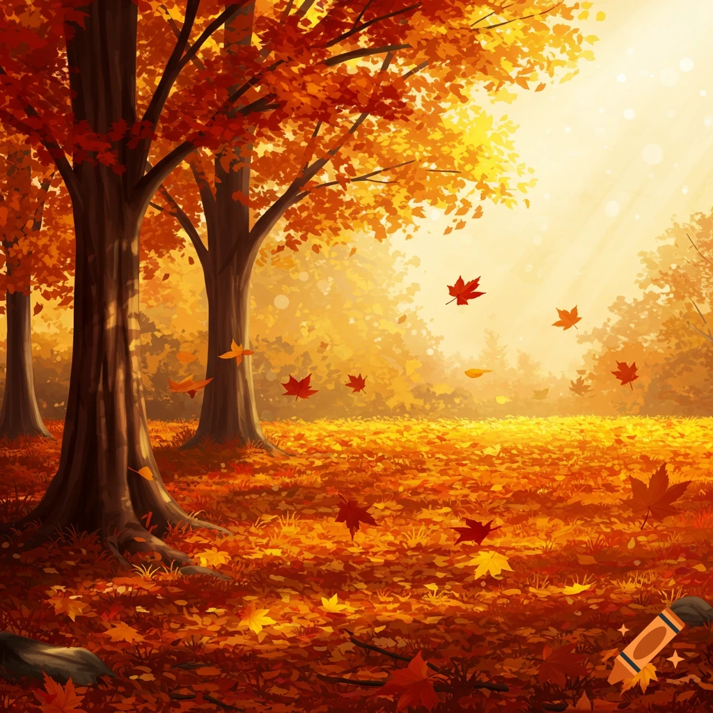 A vibrant autumn forest scene with golden light, tall trees, and a ...