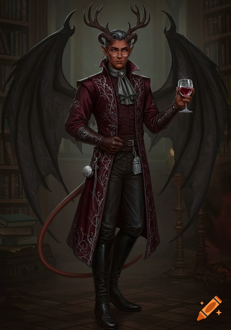 A male Tiefling character with antlers, pointed ears, and glasses ...