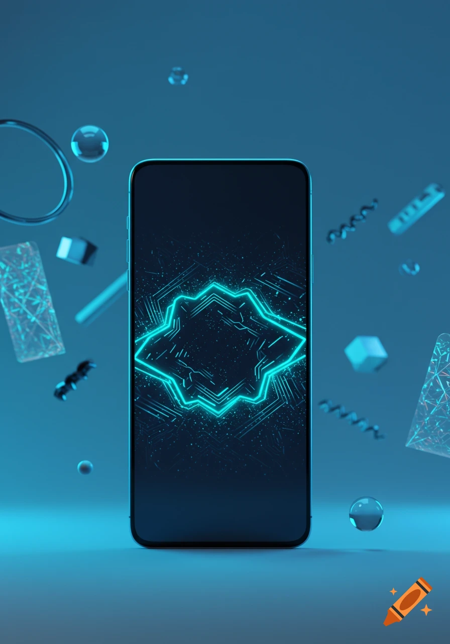 A modern smartphone with a glowing teal abstract circuit design on its ...