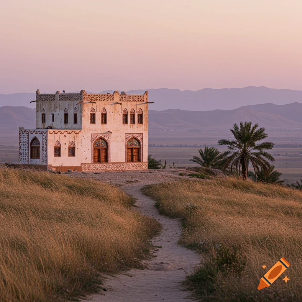 Traditional Arabic house with patterned facade on a dry grassy hill at ...