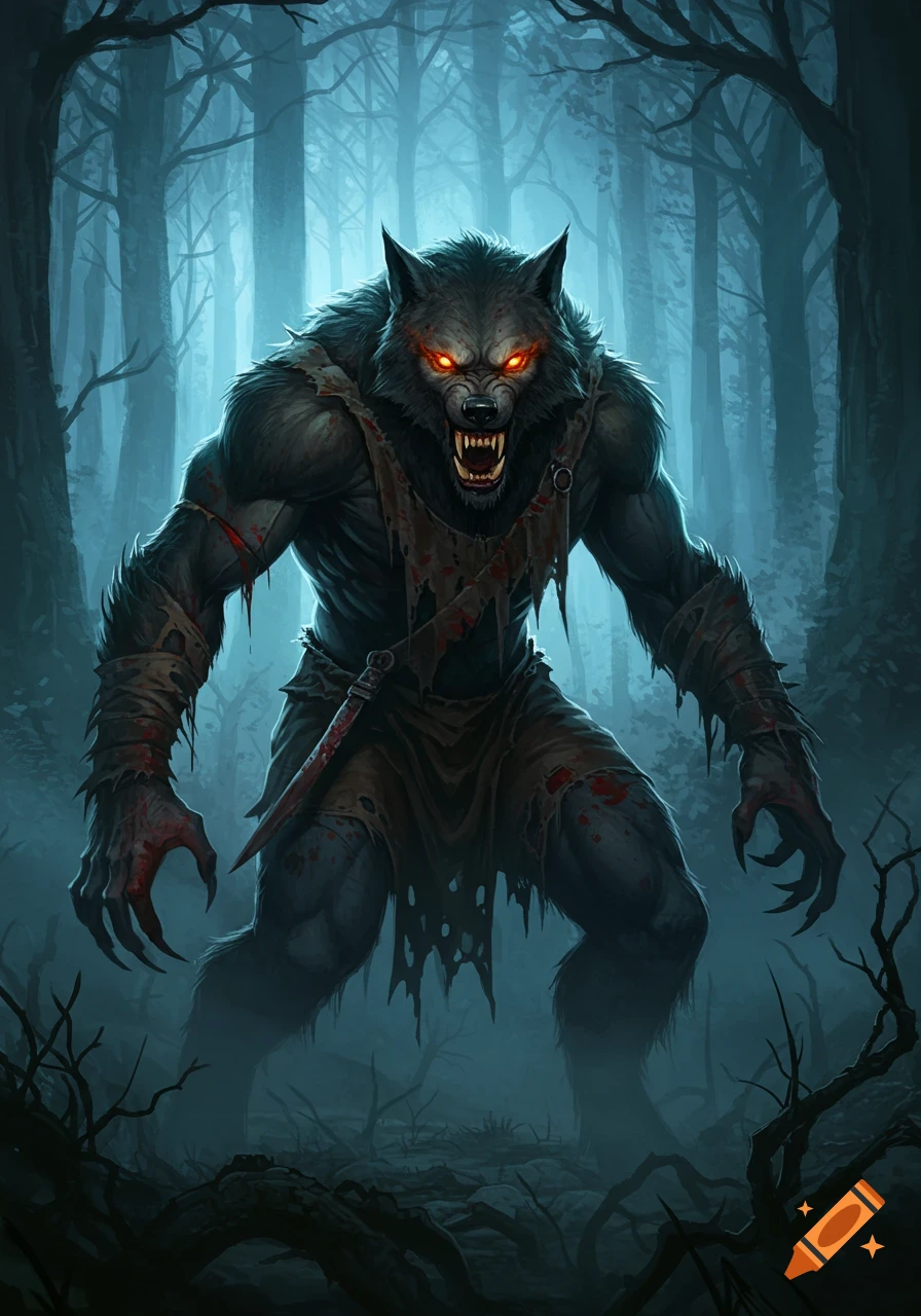 A fearsome werewolf with glowing orange eyes, ripped blood-splattered ...