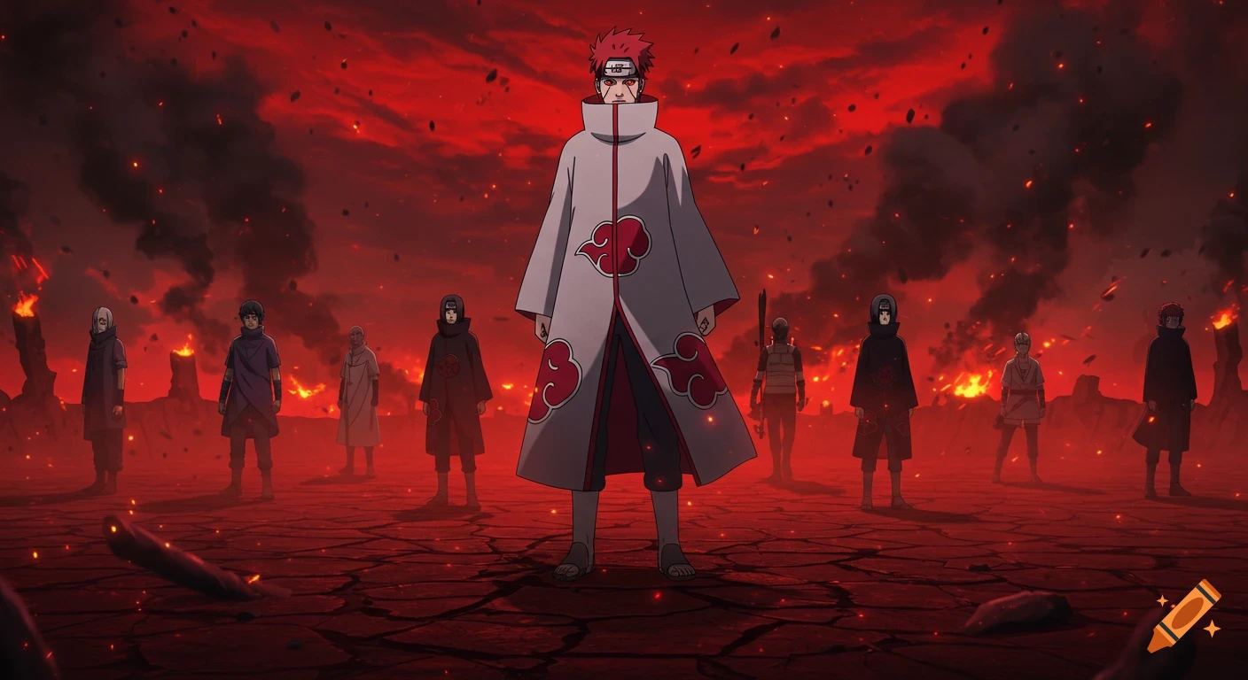 Anime illustration of a group of characters, led by a red-haired man in ...