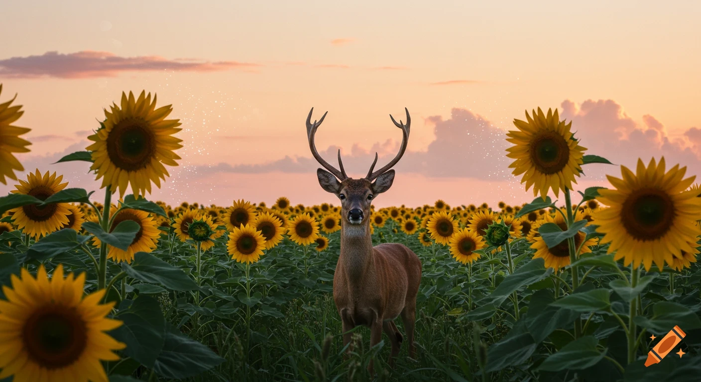 A photorealistic deer with antlers stands in a vibrant sunflower field ...