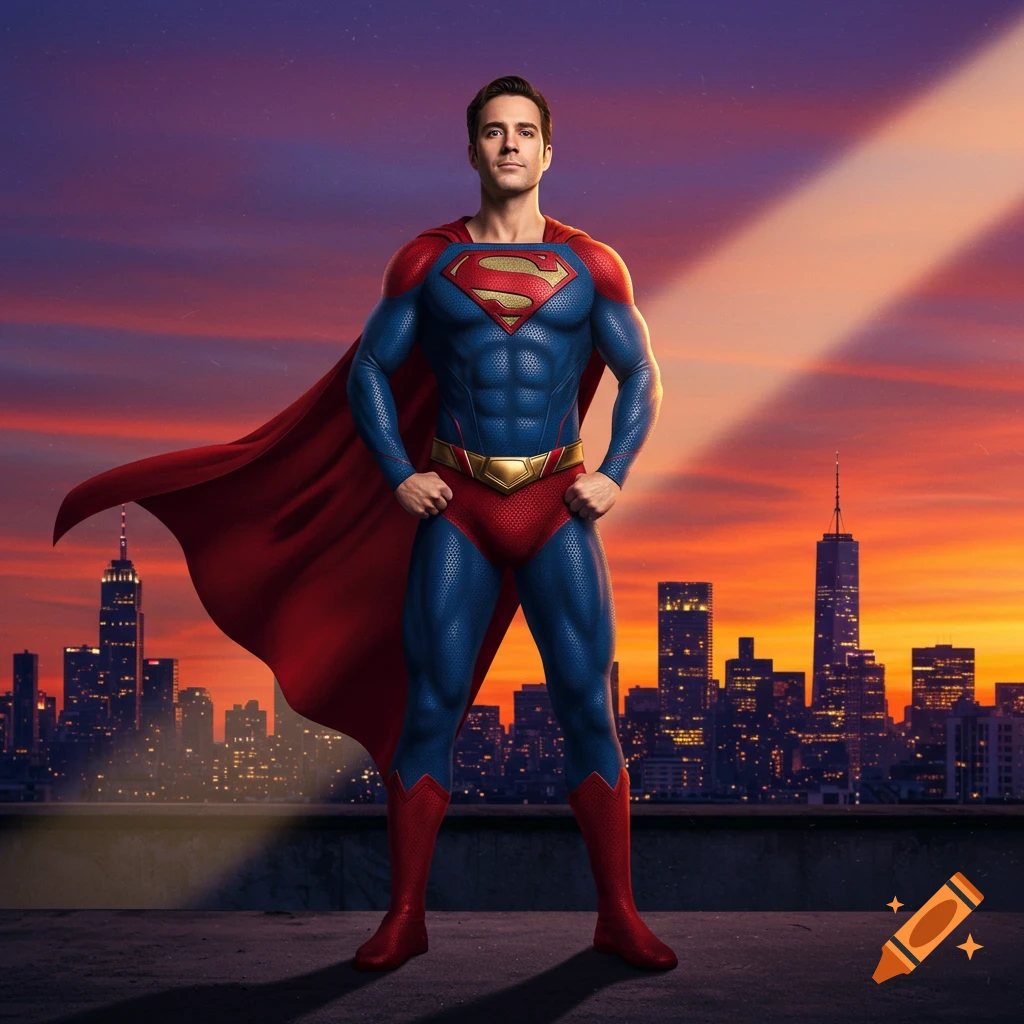 A man in a photorealistic Superman costume stands on a rooftop ...